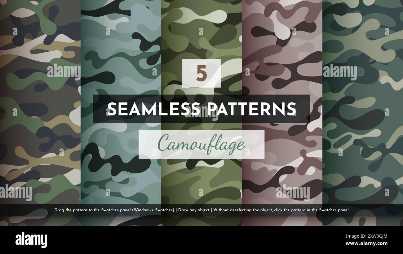 5 Seamless Camouflage Patterns. War Illustration. Traditional Military ...