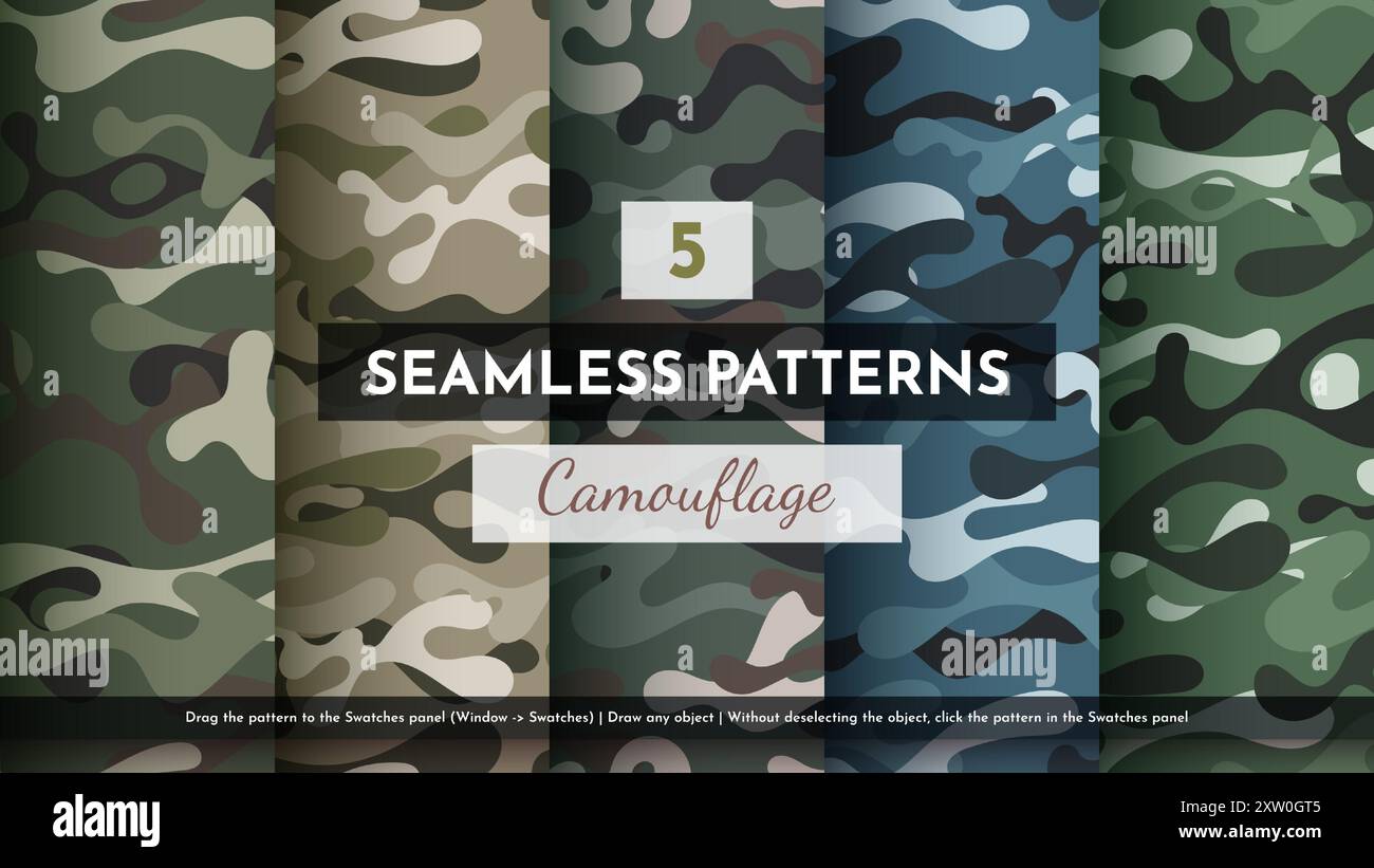 5 Seamless Camouflage Patterns. War Illustration. Traditional Military ...