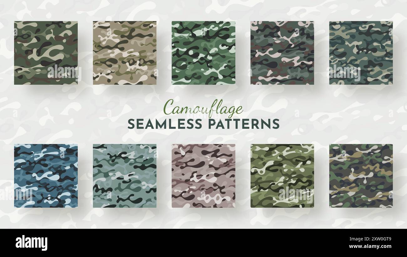 10 Seamless Camouflage Patterns. War Illustration. Traditional Military Texture. Army Background ...