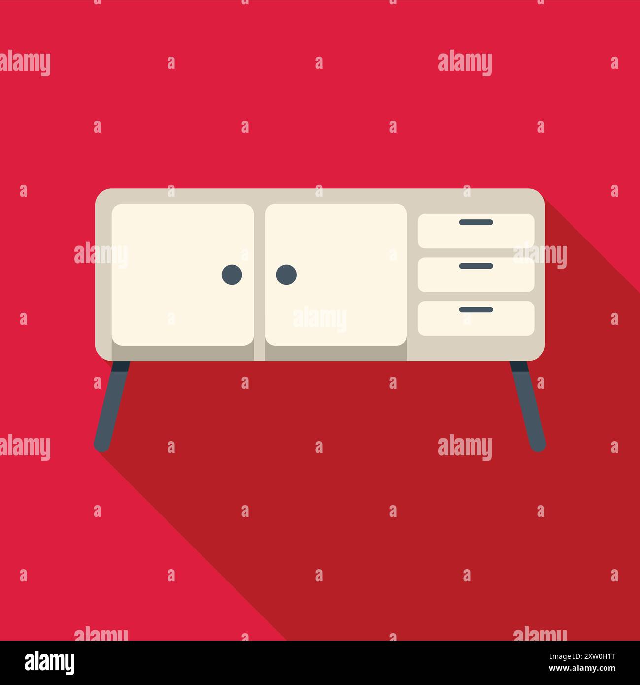 White wooden cupboard with drawers and shelves is standing on a red ...