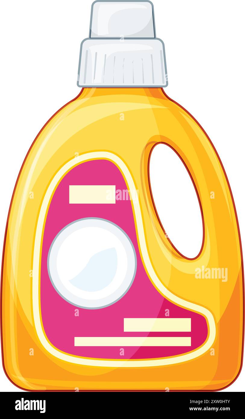 Yellow plastic detergent bottle with a white cap and a pink label ...
