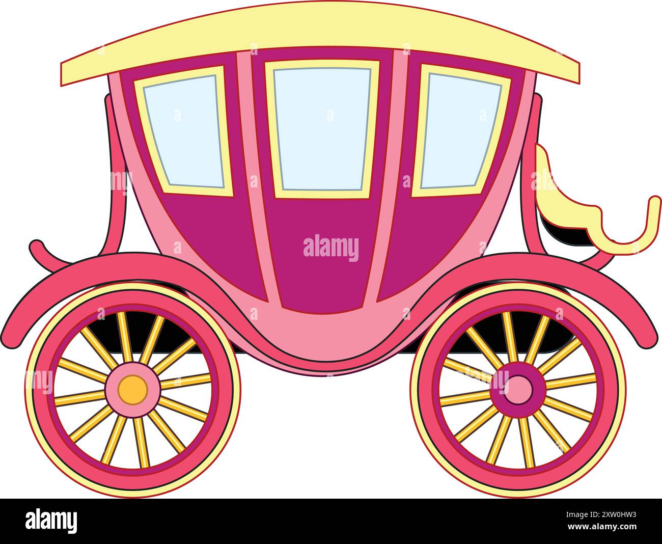Pink cartoon carriage with golden wheels waiting on a white background ...