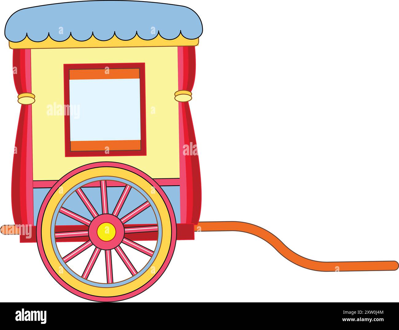 Colorful circus wagon with red curtains and a blue top is standing ...