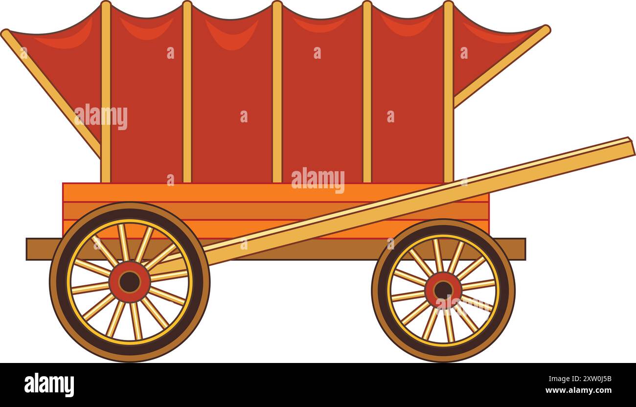 Classic wooden wagon with a red canopy is depicted in a side view ...