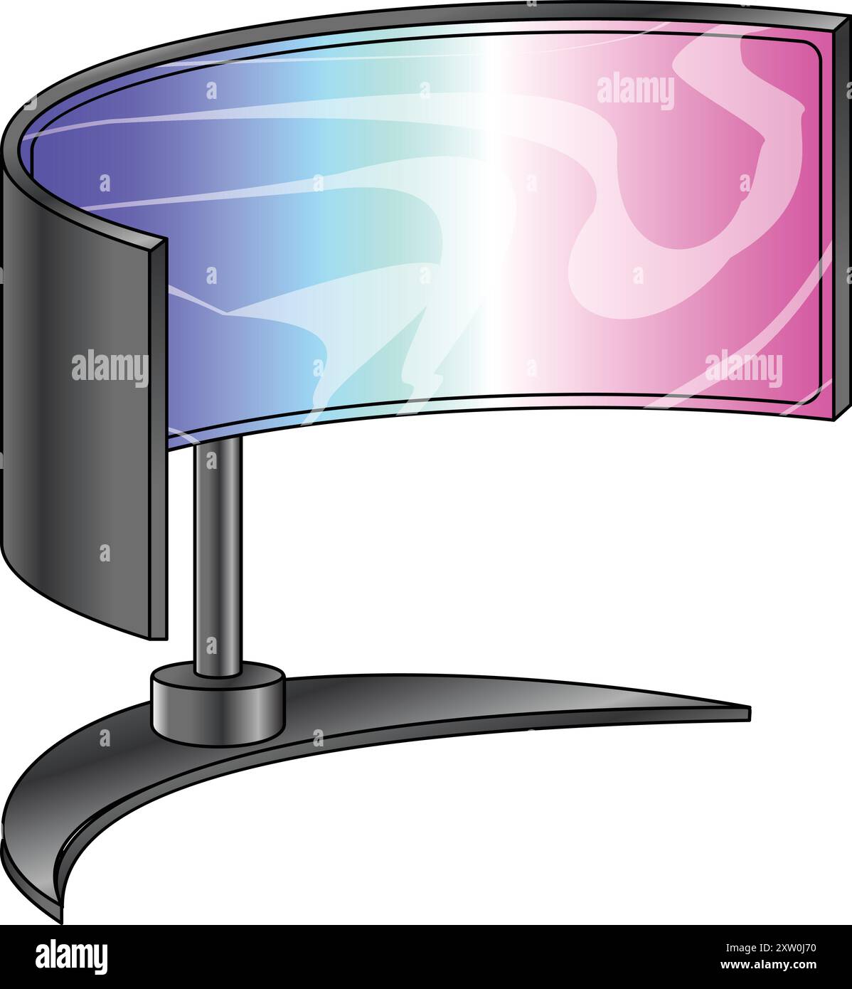 Modern curved ultrawide computer monitor is displaying an abstract ...
