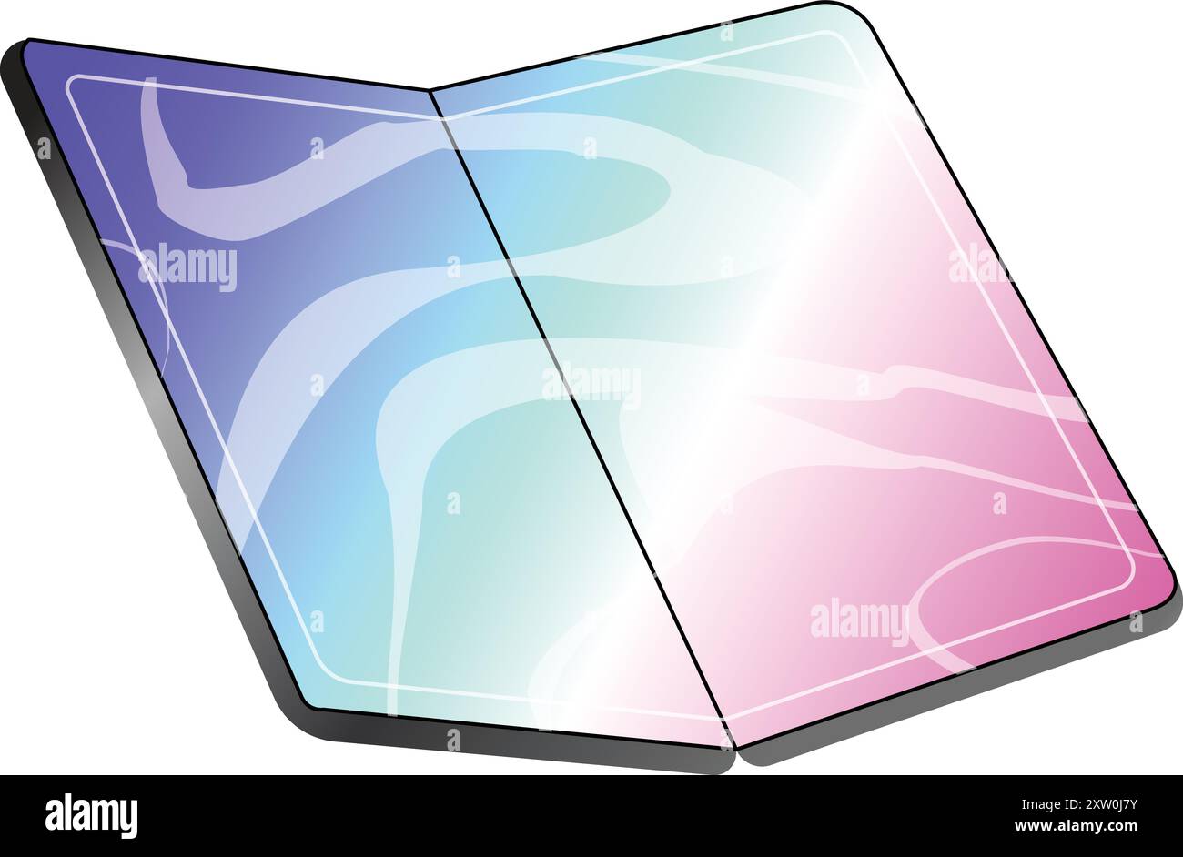 Modern foldable smartphone is shown open displaying blank app screens ...
