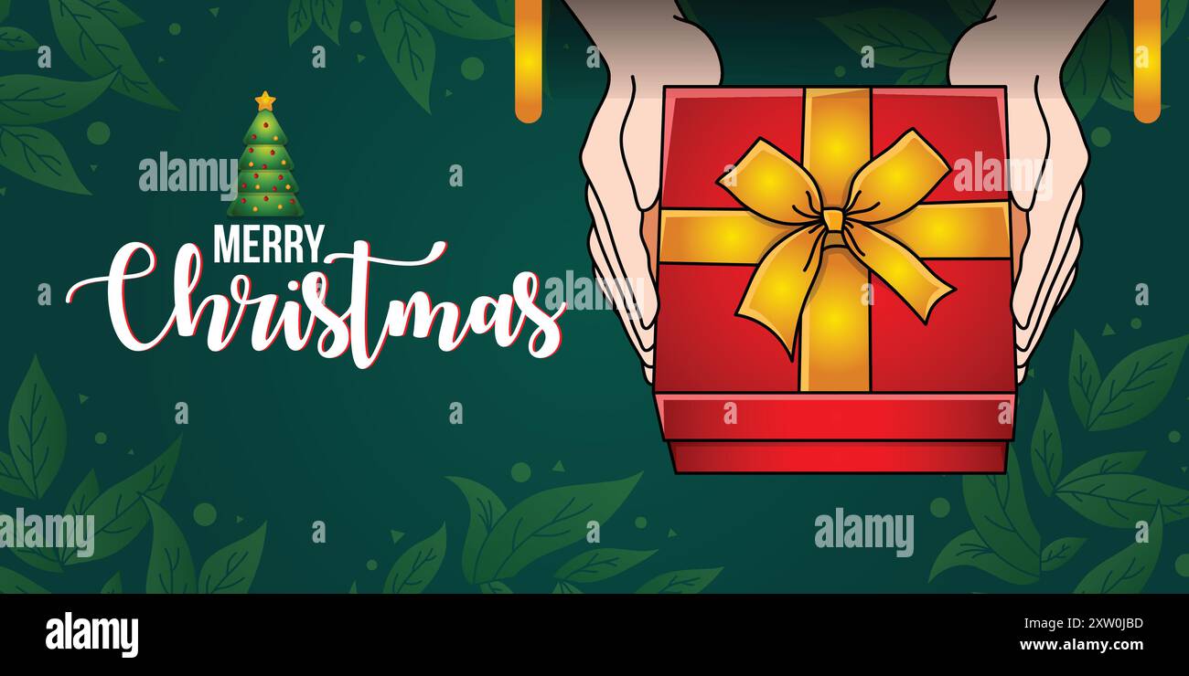 Merry Christmas Poster hands holding a gift box with golden ribbon ...