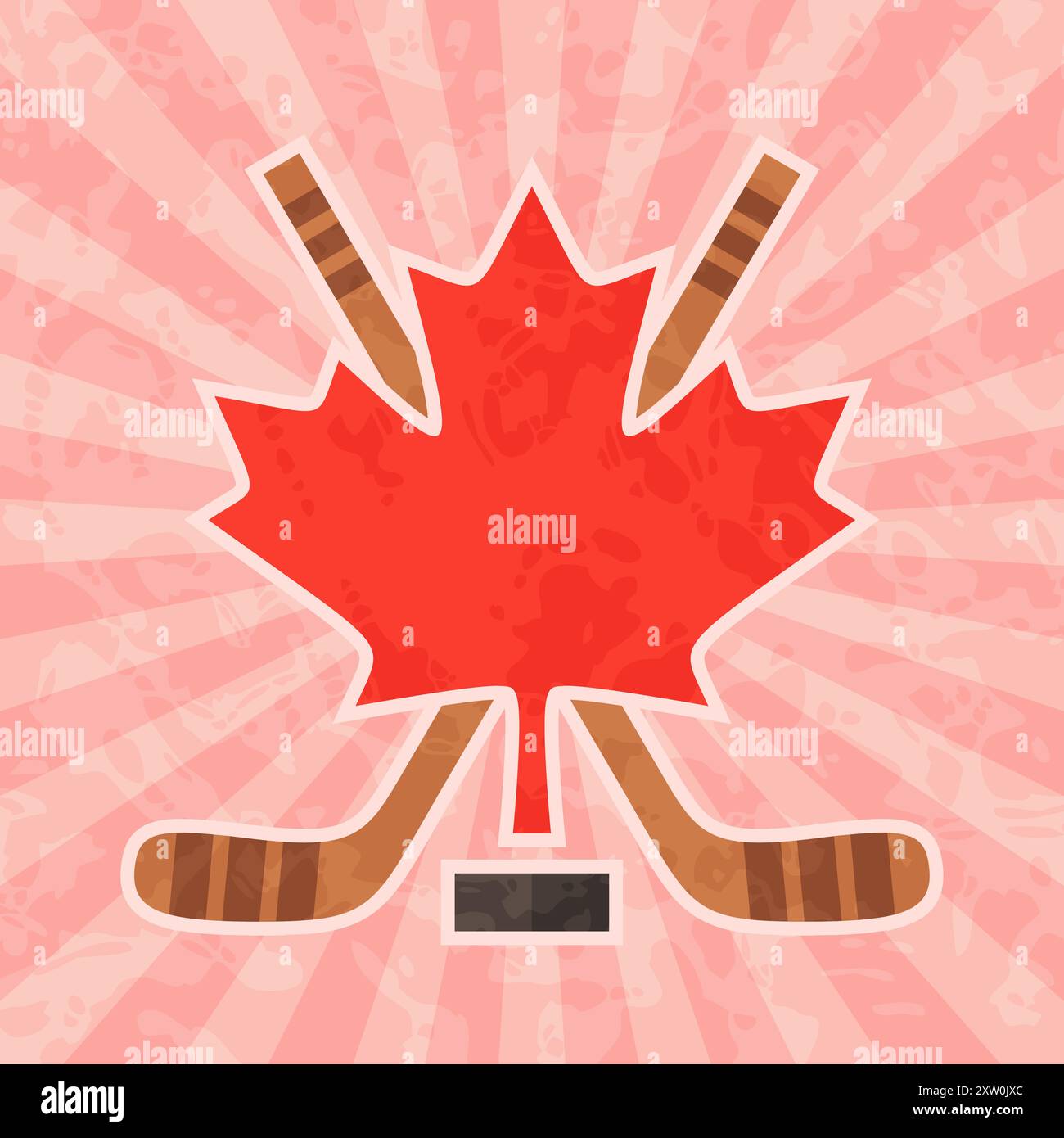 Ice hockey in Canada. Canadian red maple leaf and crossed hockey sticks ...