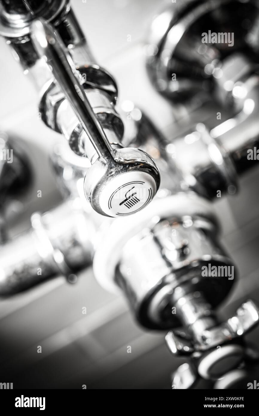 A detailed view of a stylish kitchen faucet lever, showcasing a shiny ...