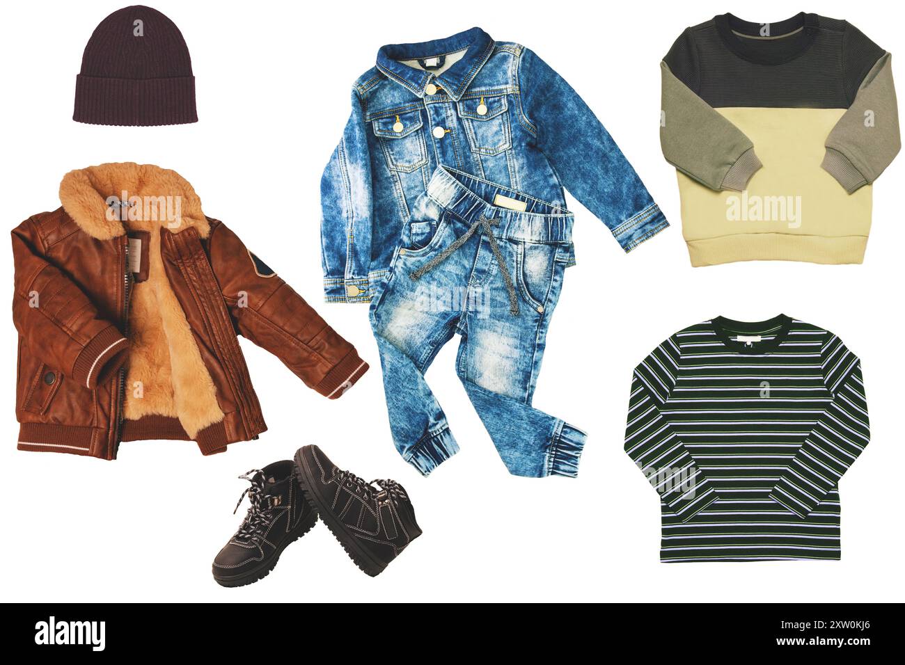 Collage set of little boys autumn clothes isolated. Denim trousers and ...