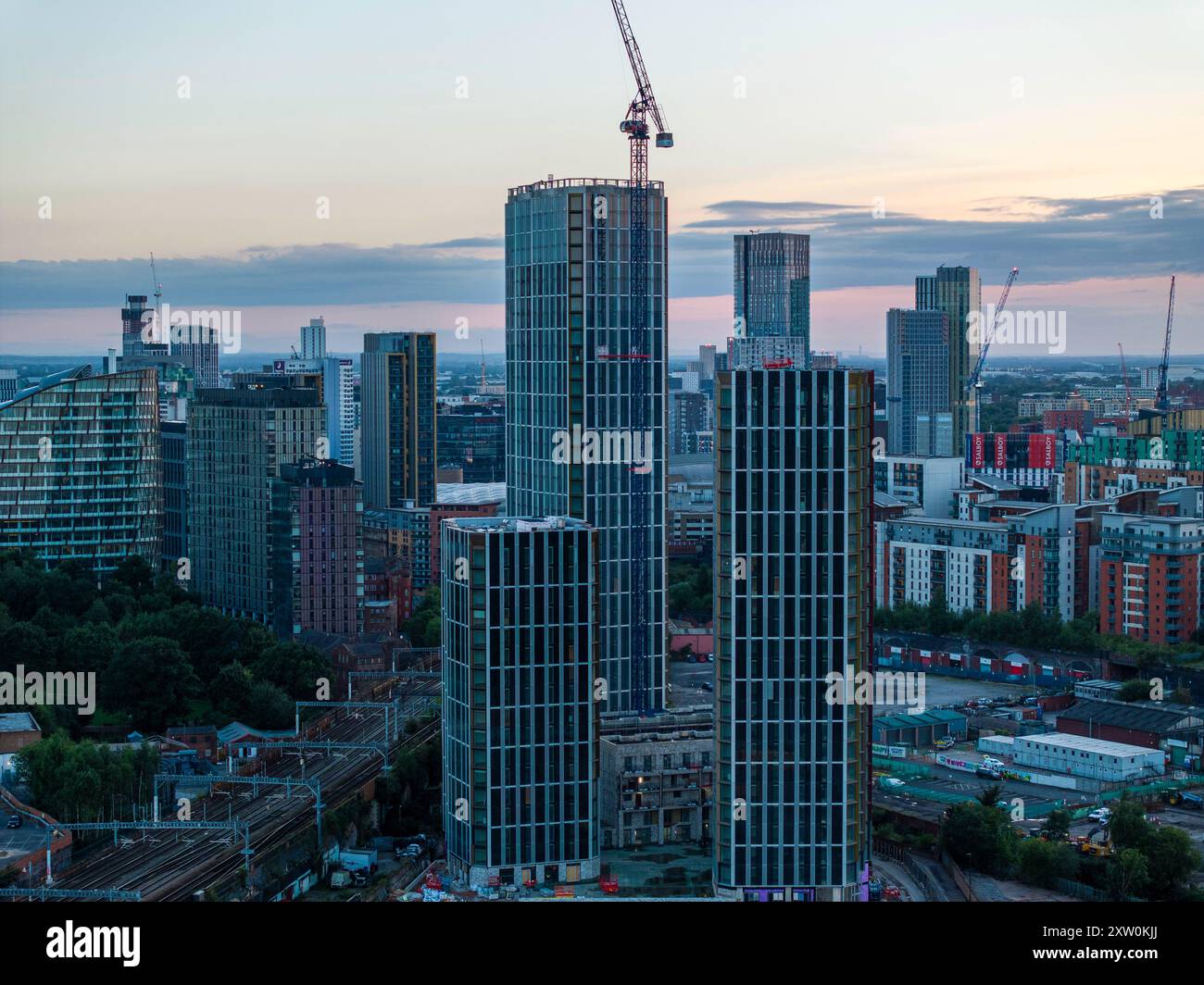 Aerial view of Manchester skyline at dusk Stock Photo - Alamy