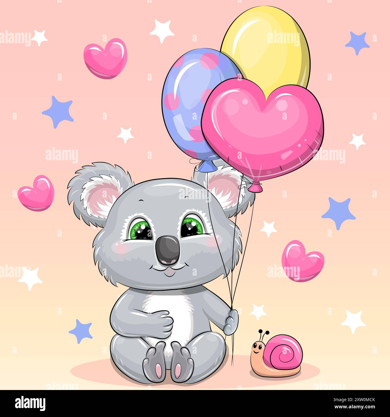Cute cartoon koala with balloons and snail. Vector illustration of an ...