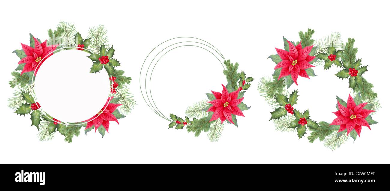 Christmas frames with poinsettia flower, holly berries, leaves with ...