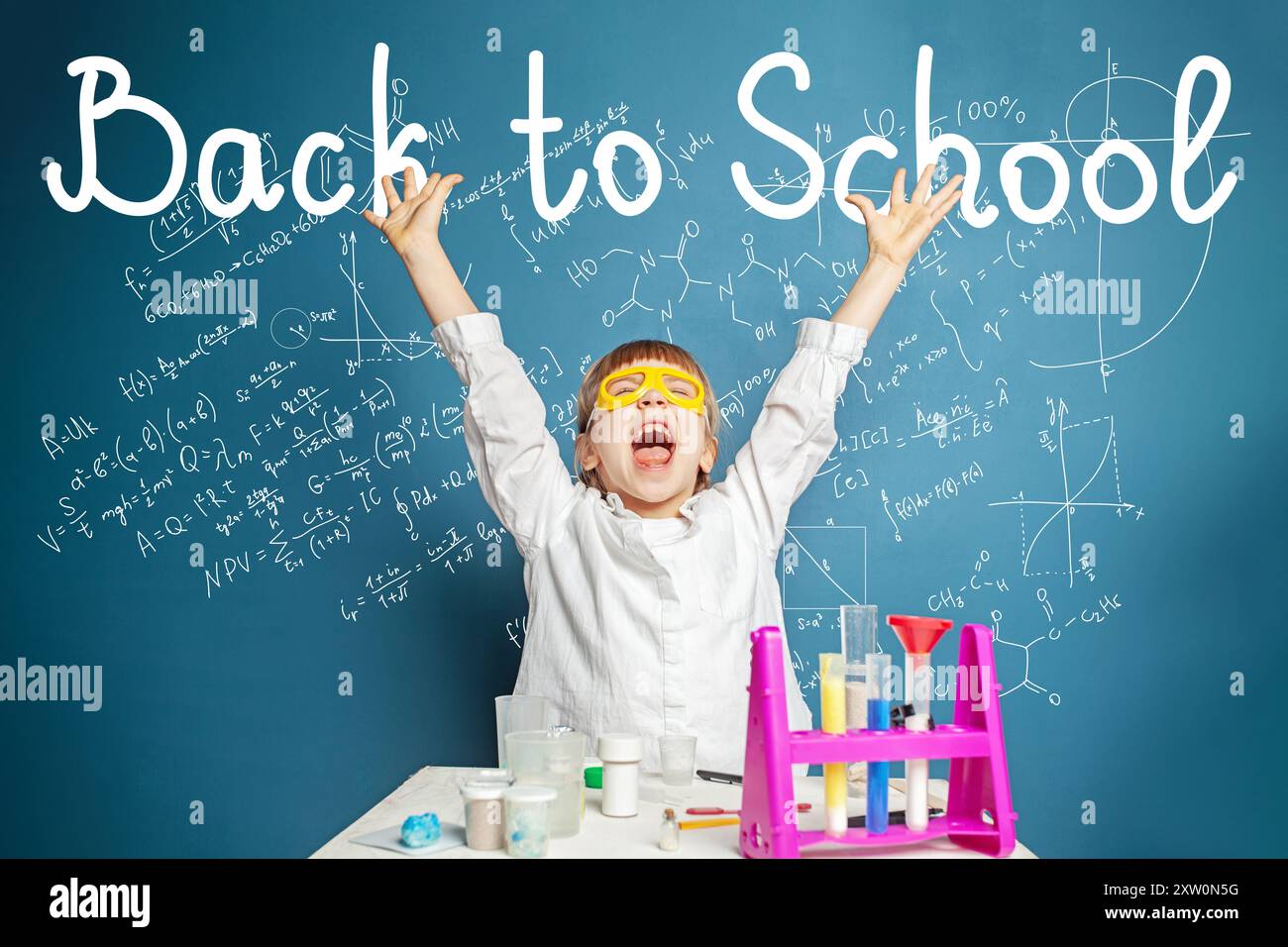 Adorable Schoolgirl cute little girl on blue background. Back to school ...