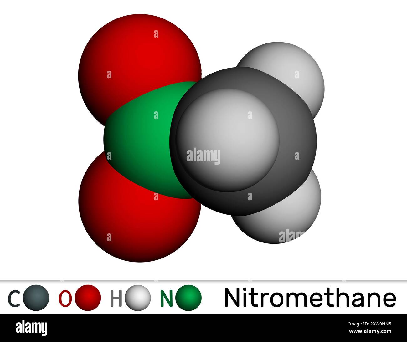 Nitromethane molecule. Molecular model. 3D rendering. Illustration ...