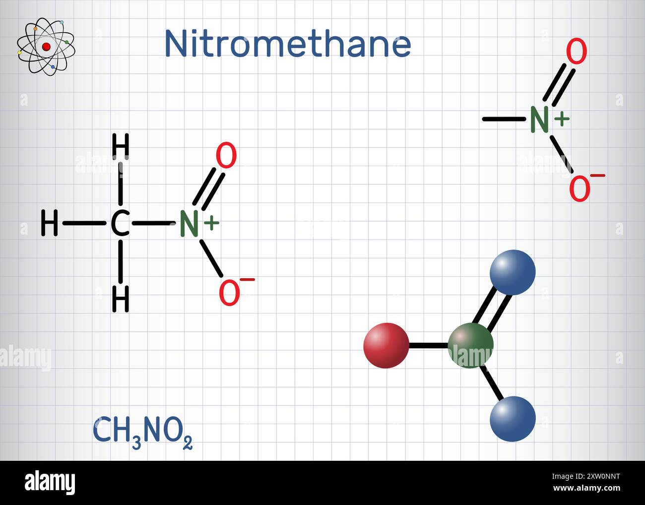 Nitromethane molecule. Structural chemical formula, molecule model ...
