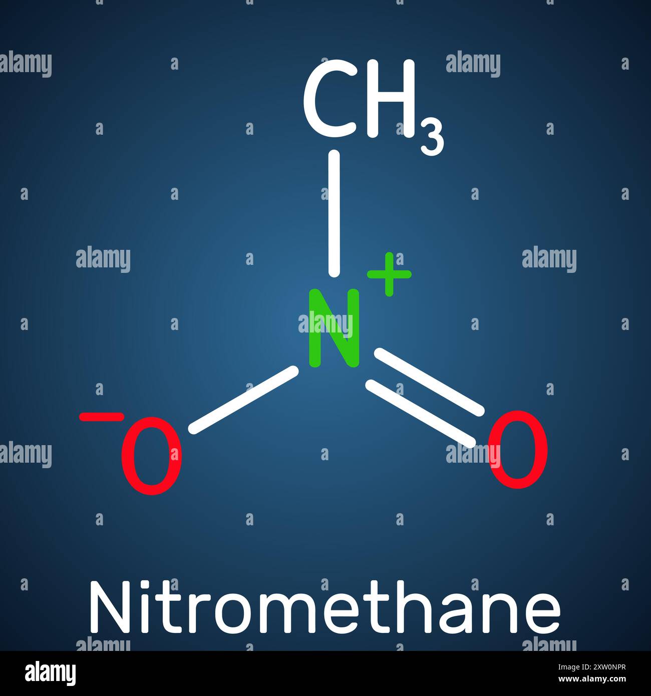 Nitromethane molecule. Structural chemical formula, dark blue ...