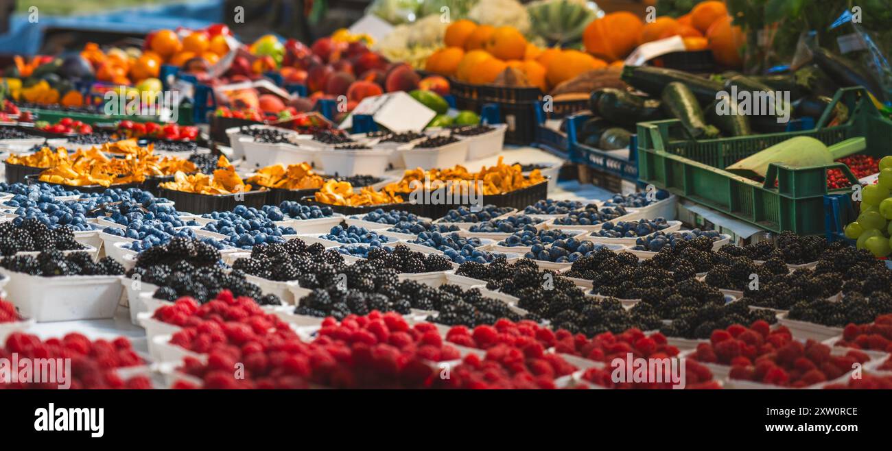 Fruit and vegetable market. Containers with raspberries, blackberries ...