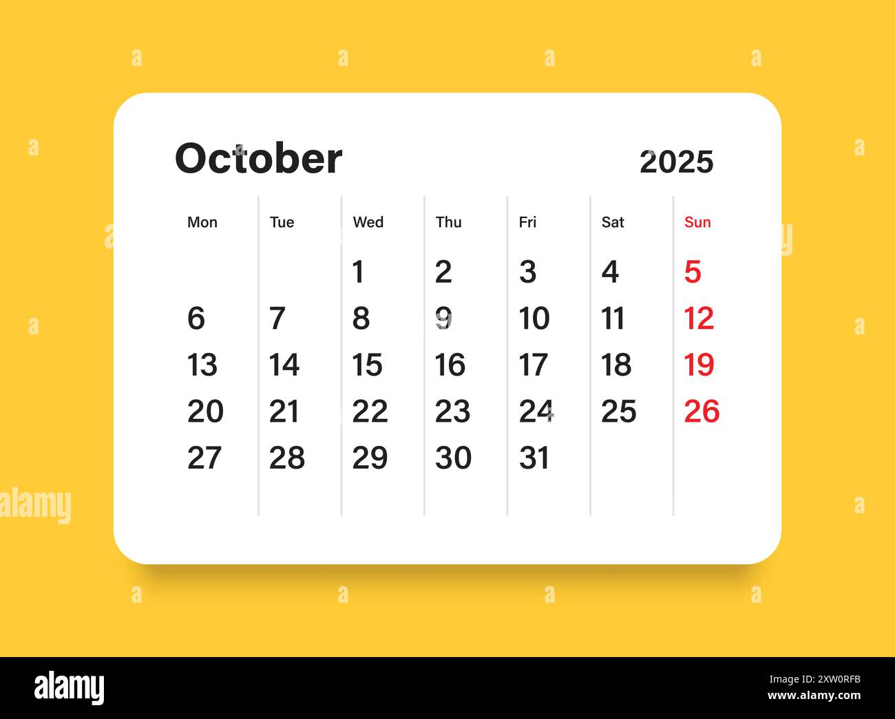Calendar october 2025 icon in flat style. Planner vector illustration ...
