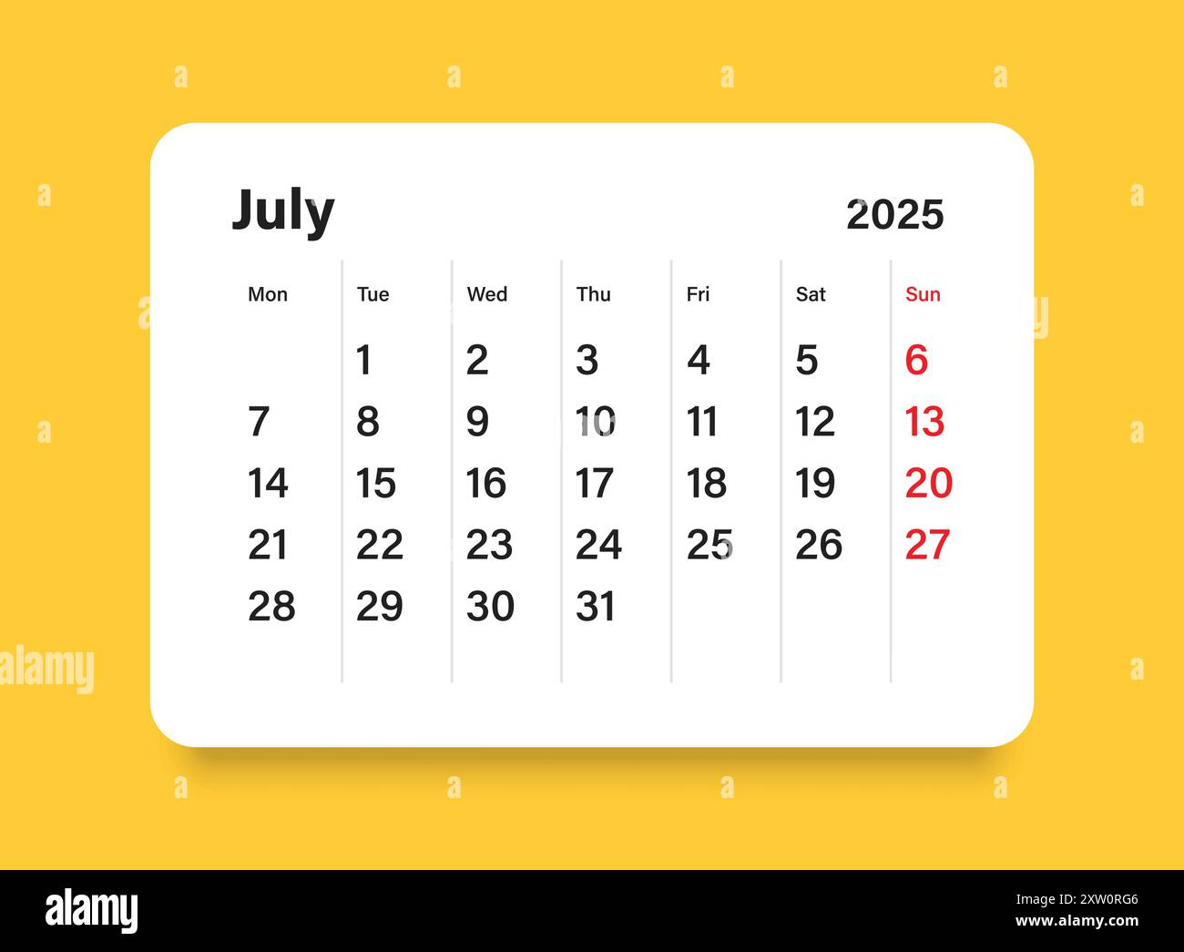 Calendar july 2025 icon in flat style. Planner vector illustration on ...