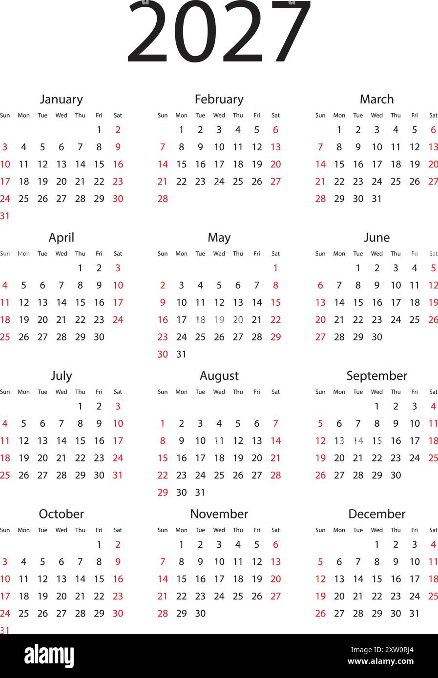 Calendar 2027 year icon in flat style. Planner vector illustration on ...