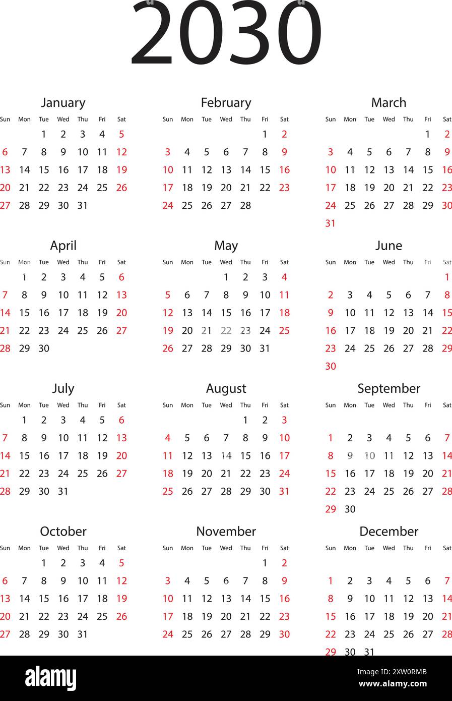 Calendar 2030 year icon in flat style. Planner vector illustration on ...