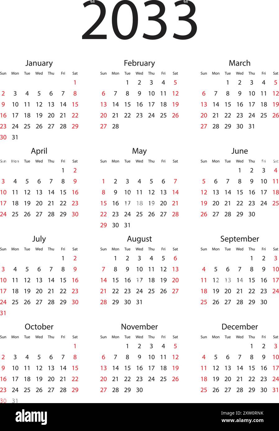 Calendar 2033 year icon in flat style. Planner vector illustration on ...