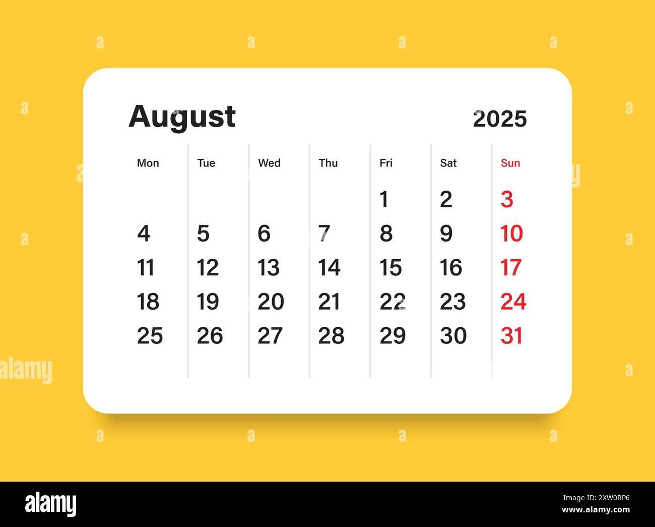 Calendar august 2025 icon in flat style. Planner vector illustration on ...