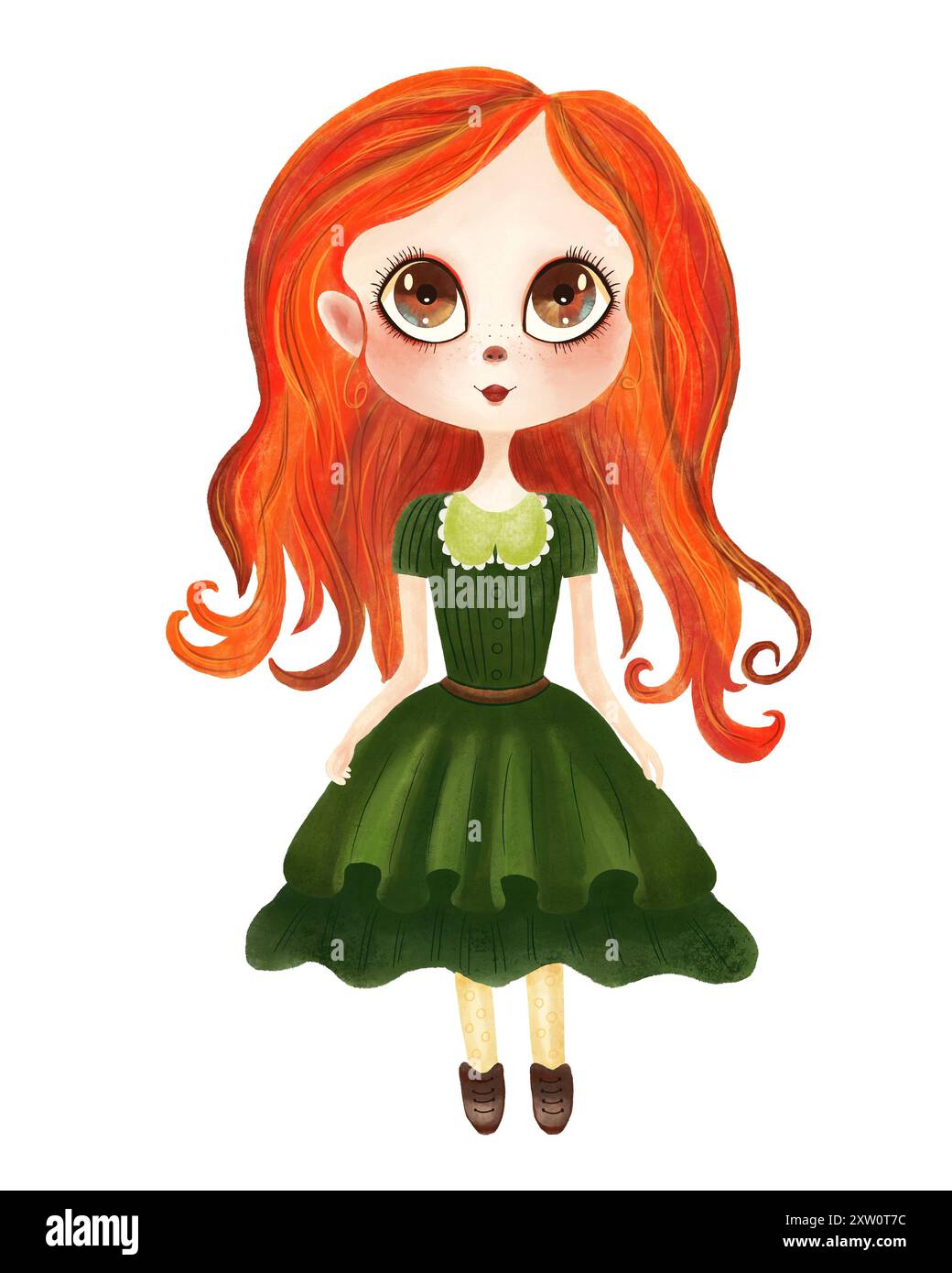 A watercolor illustration of girl with long red hair with big eyes in ...