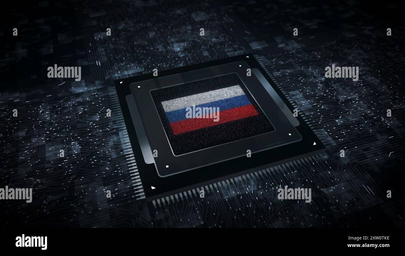 Russia digital technology flag cyber on on computer CPU in background ...