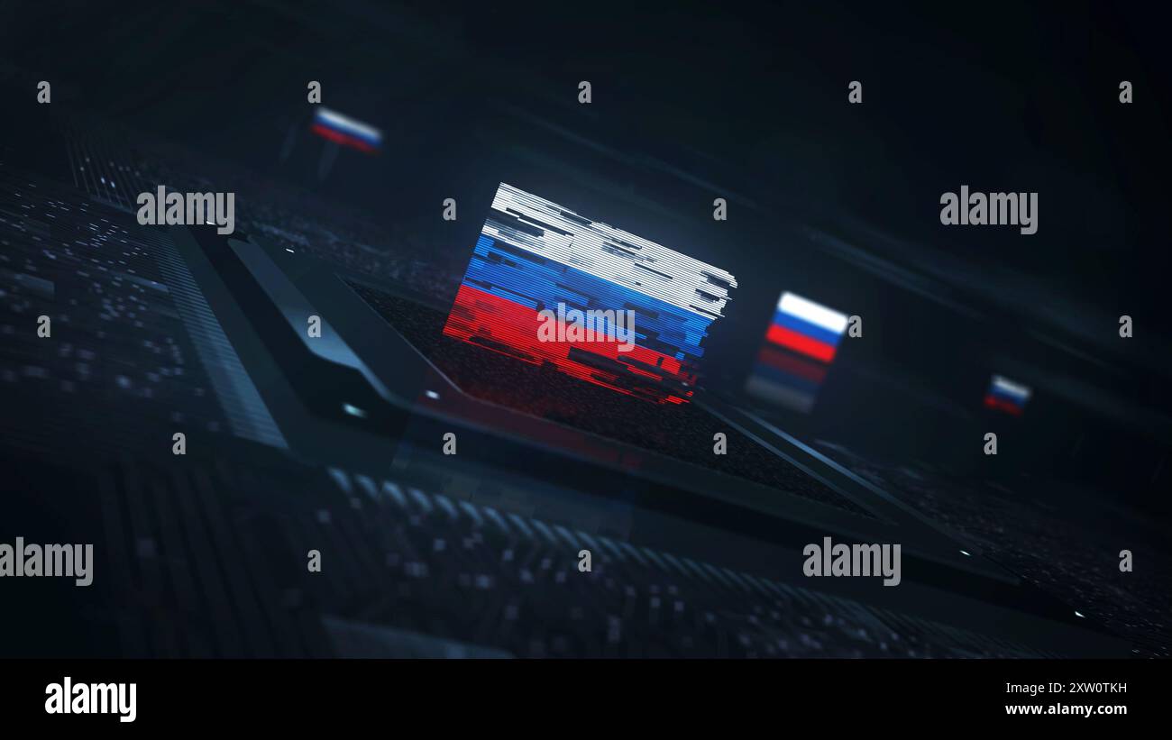 Russia digital technology flag cyber on on computer CPU in background ...