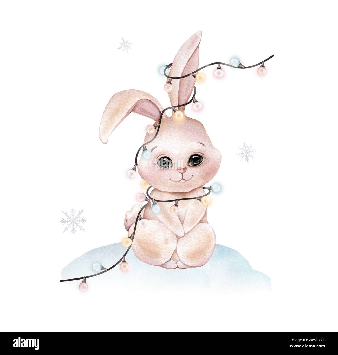 Watercolor cute winter hare New Year's garland. Drawing of bunny on the ...