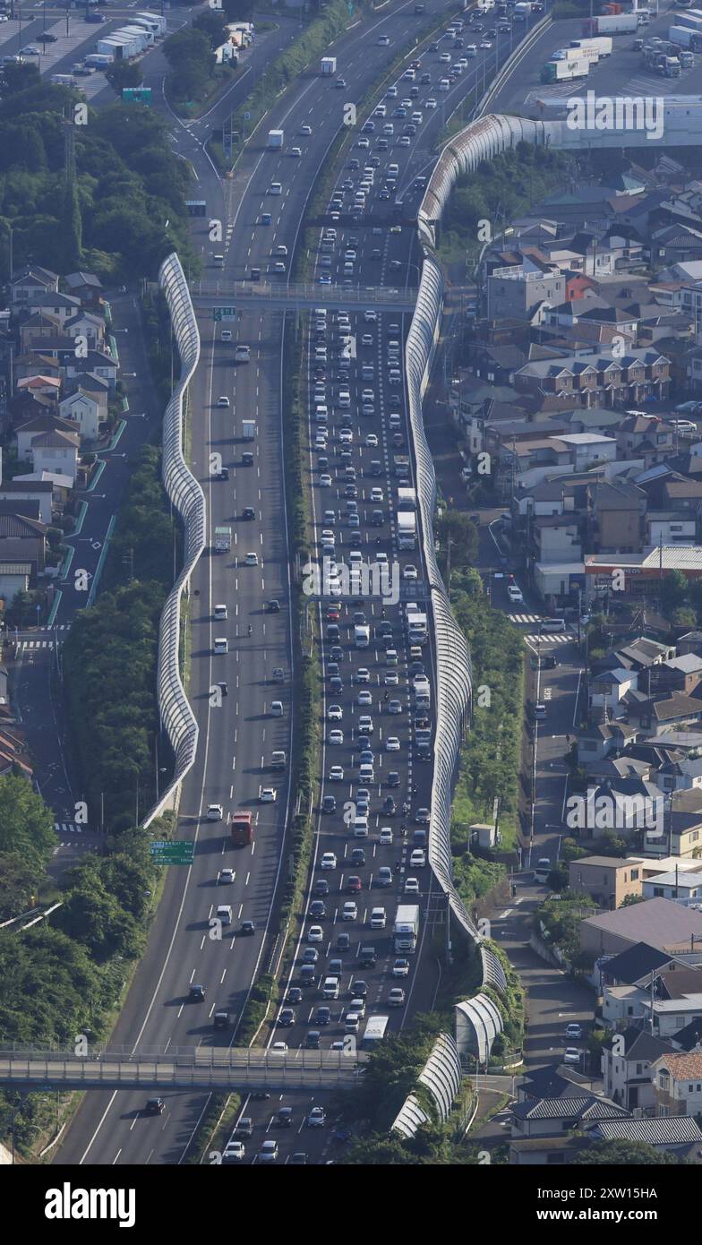 An aerial photo shows the upbound lane of Tomei Expressway congested by ...