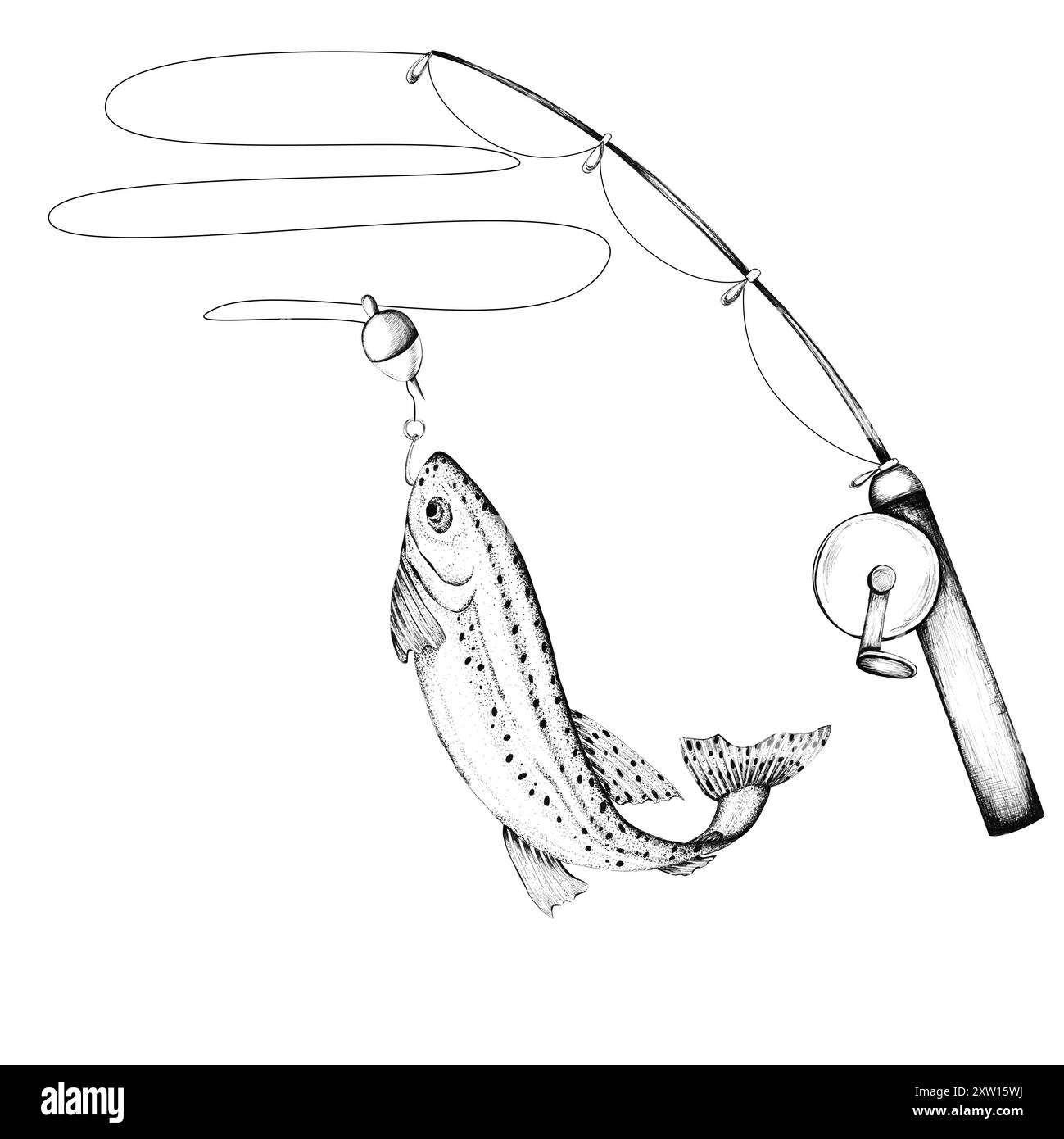 A rod with rainbow trout caught on it. Fishing clipart. A bobber ...
