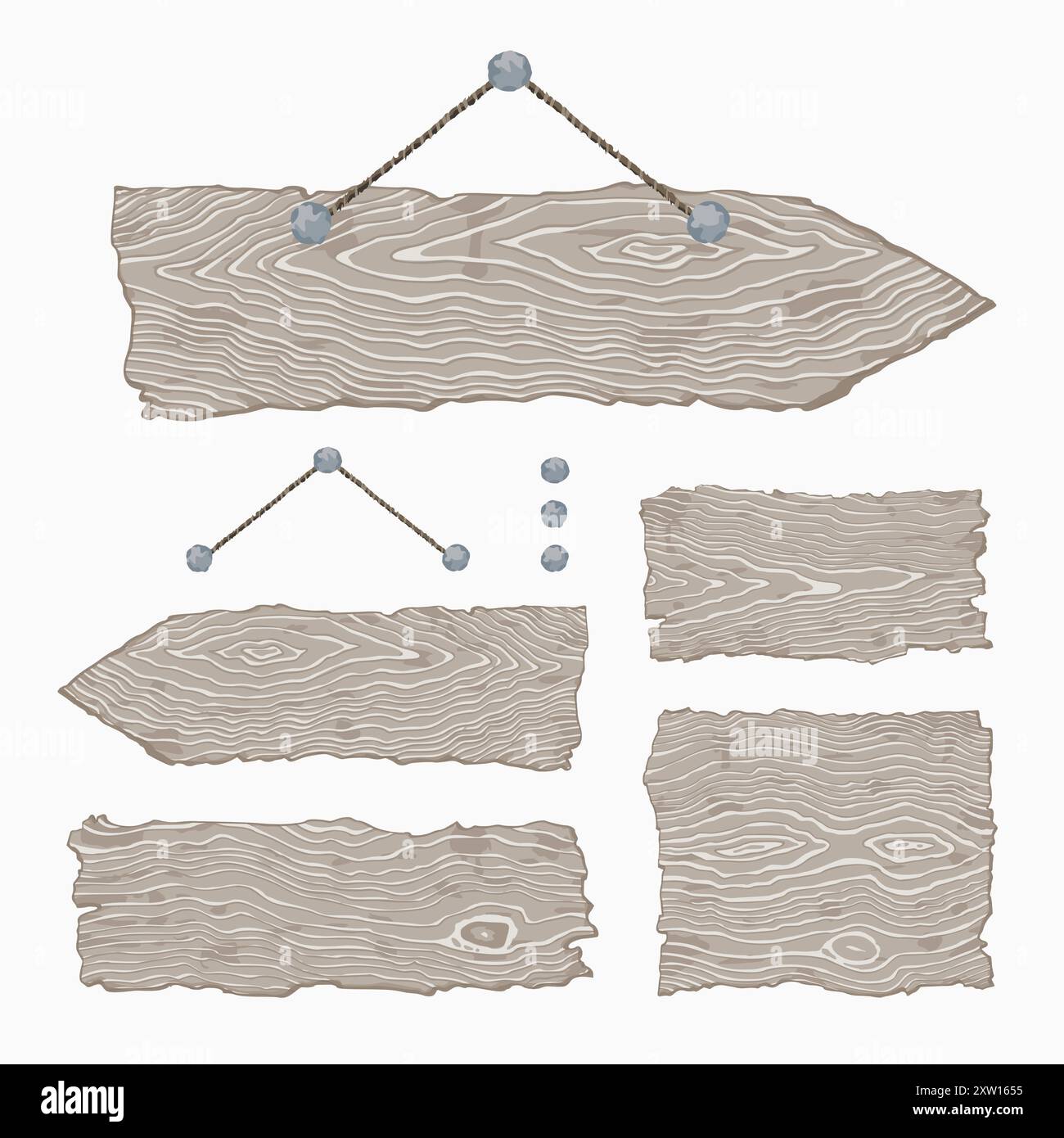 Set of blank light gray wooden signs and singposts with nails and ...