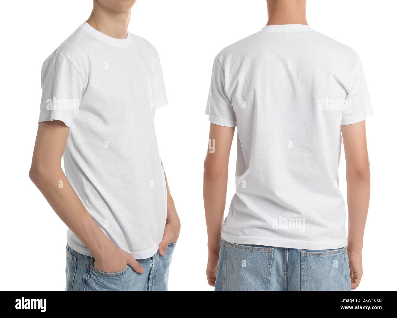 Teenage boy wearing white t-shirt on white background, collage of ...