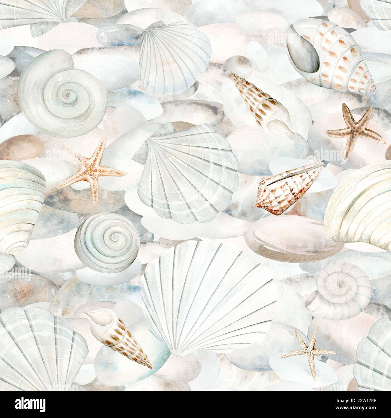 Seamless pattern of beige sea shells, stars and pebbles watercolor ...