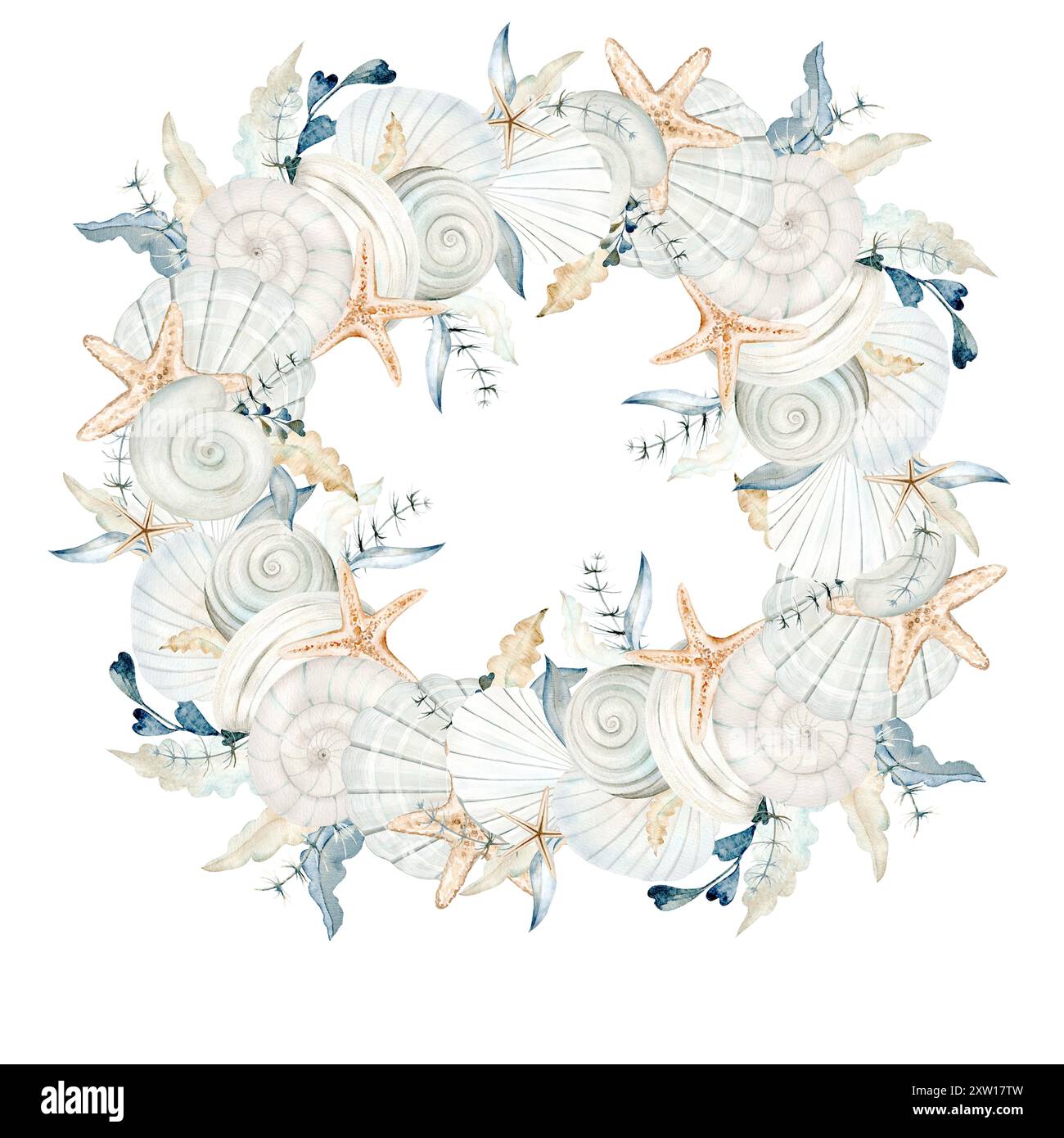 Wreath of beige sea shells, stars and seaweed watercolor illustration ...