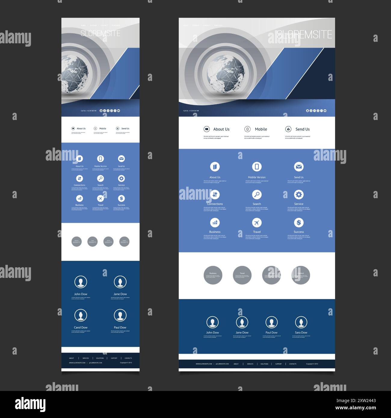 Responsive One Page Website Template - Header Design with Earth Globe - Desktop and Mobile Stock ...