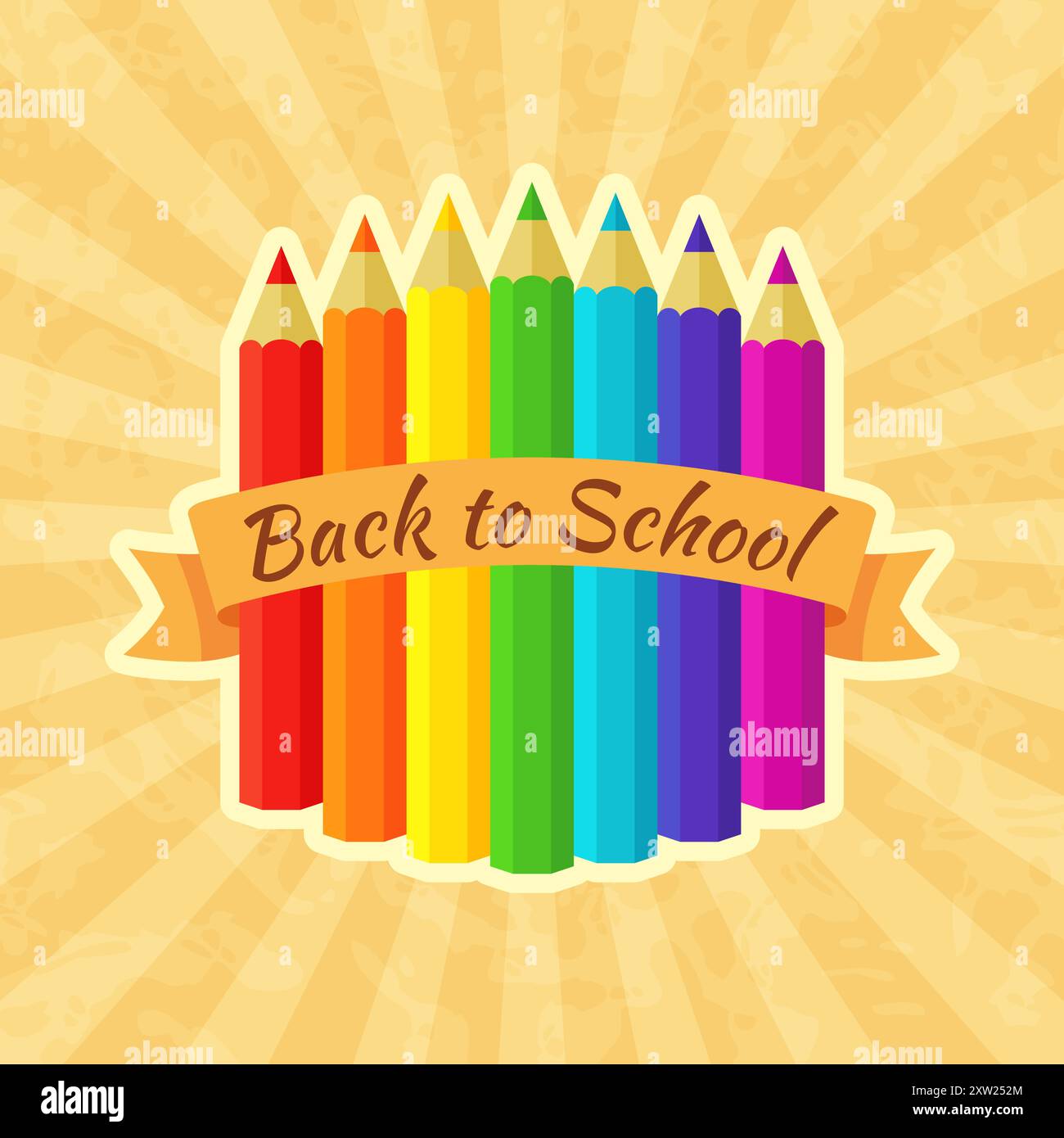 Back to school label with crayons in rainbow colors. Emblem with retro ...