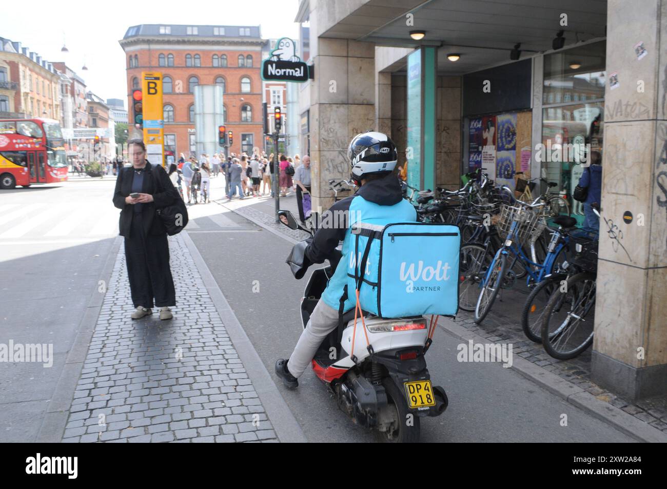 Copenhagen Denmark/17 August 2024/. Wolt partner food delivery biker in ...