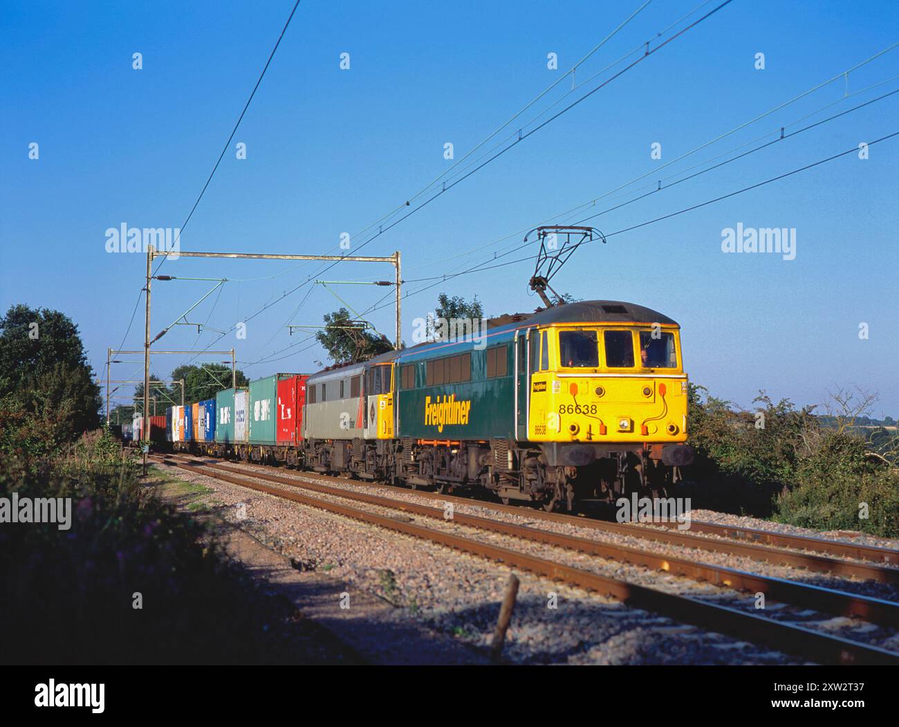 A pair of Class 86 electric locomotives numbers 86638 and 86622 double ...
