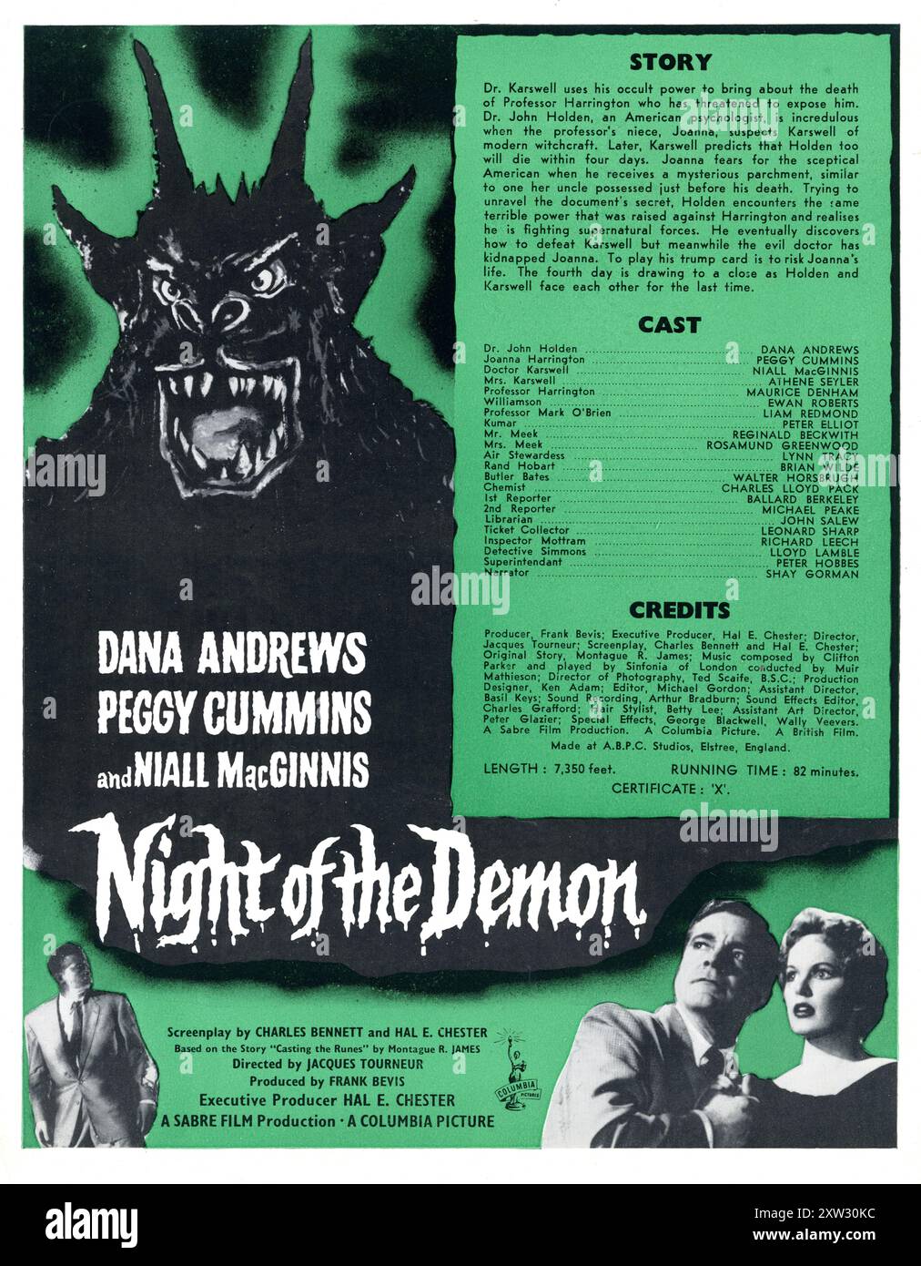 British synopsis sheet for NIGHT OF THE DEMON aka CURSE OF THE DEMON 1957 Director JACQUES ...