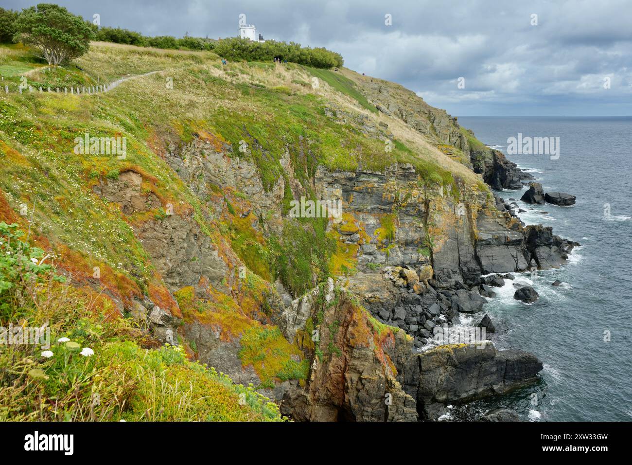 The Lizard Lighthouse on the South West coast path on top of cliffs at ...