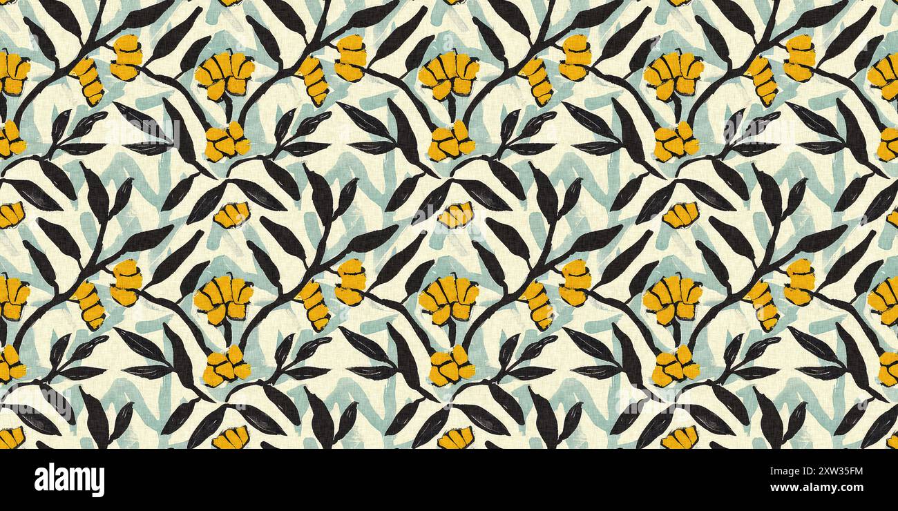 Modern printed fabric flower block print pattern with linen texture ...