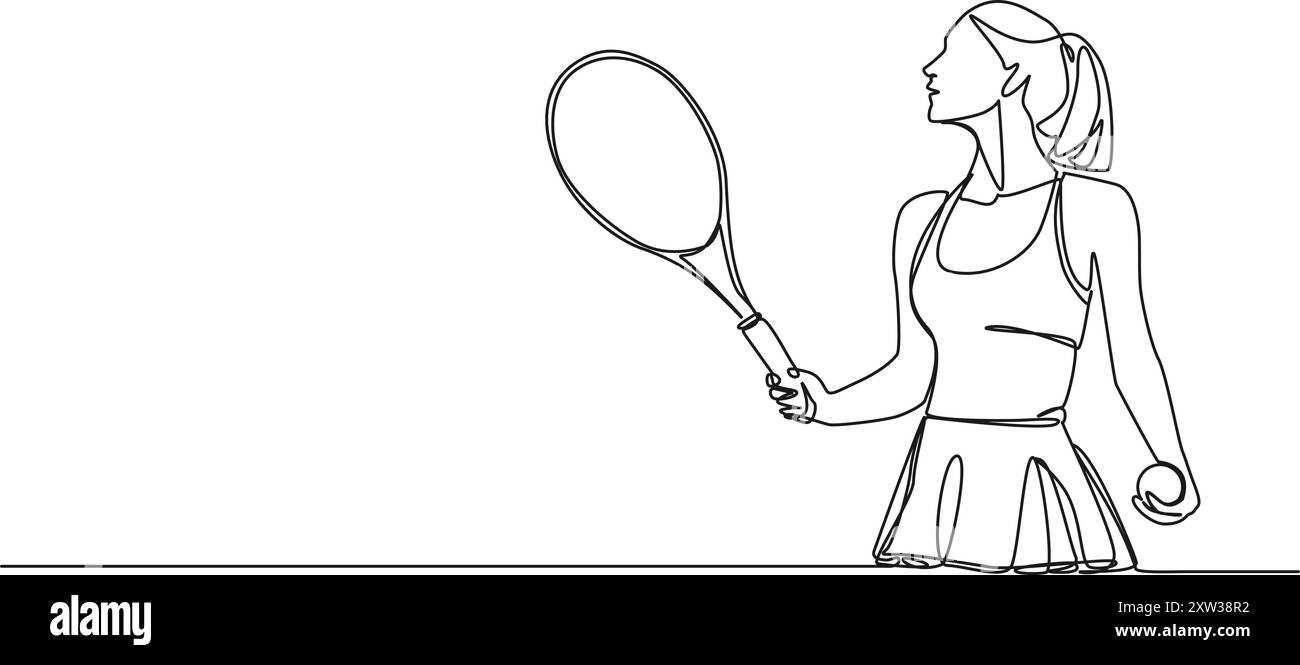 continuous single line drawing of female tennis player, line art vector ...