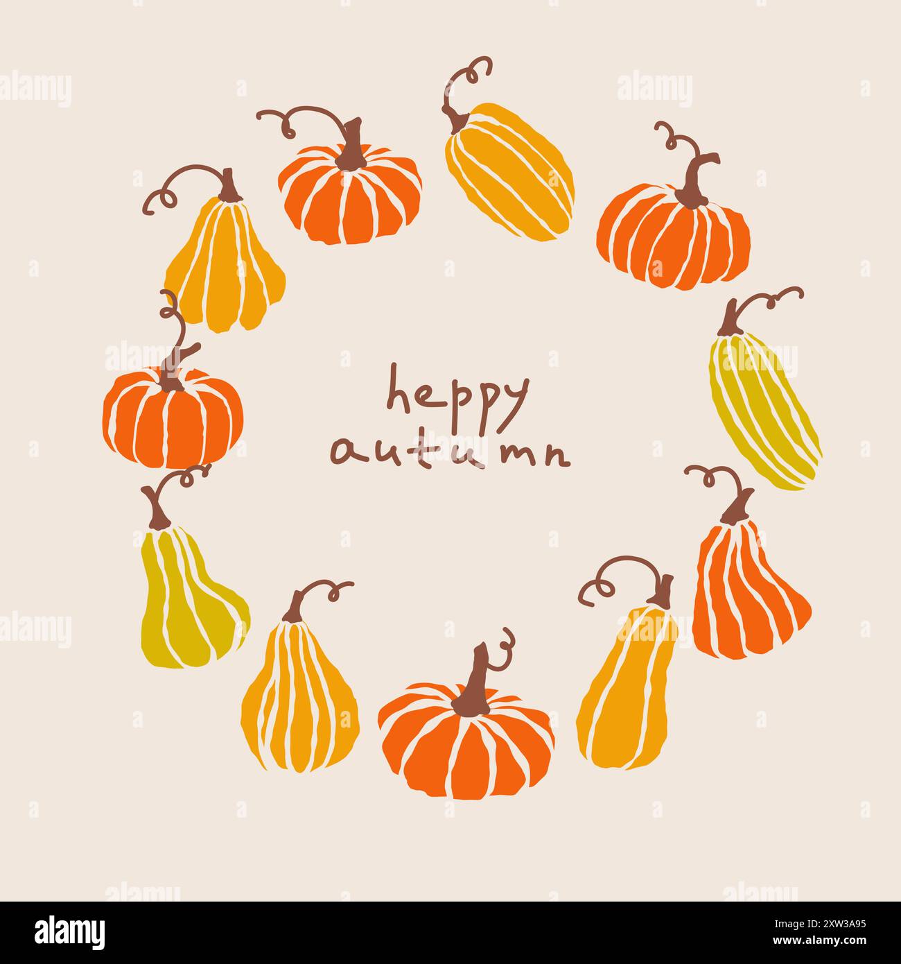 Colorful pumpkins and gourds arranged in a circle with autumn greetings ...