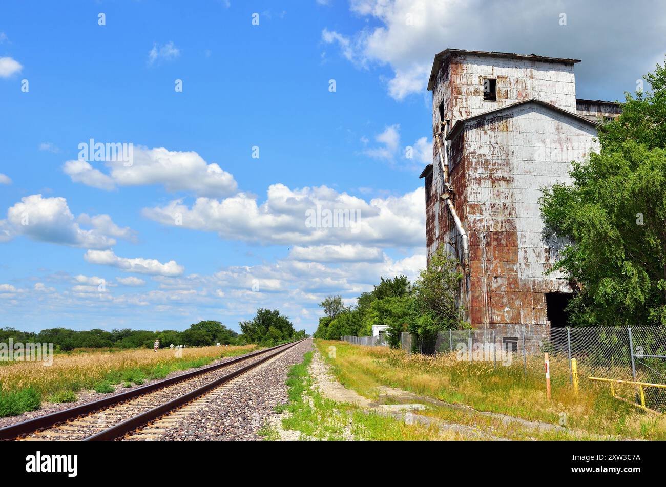 Cayuga, Illinois, USA. Cayuga Grain Elevator along a section of old and ...