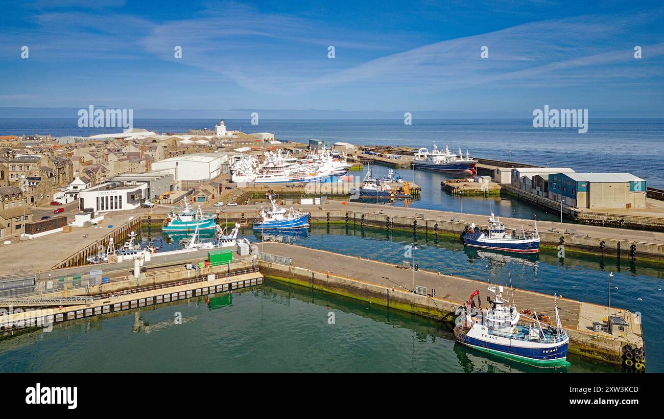 Fraserburgh Harbour Aberdeenshire Scotland blue sky over quays and ...