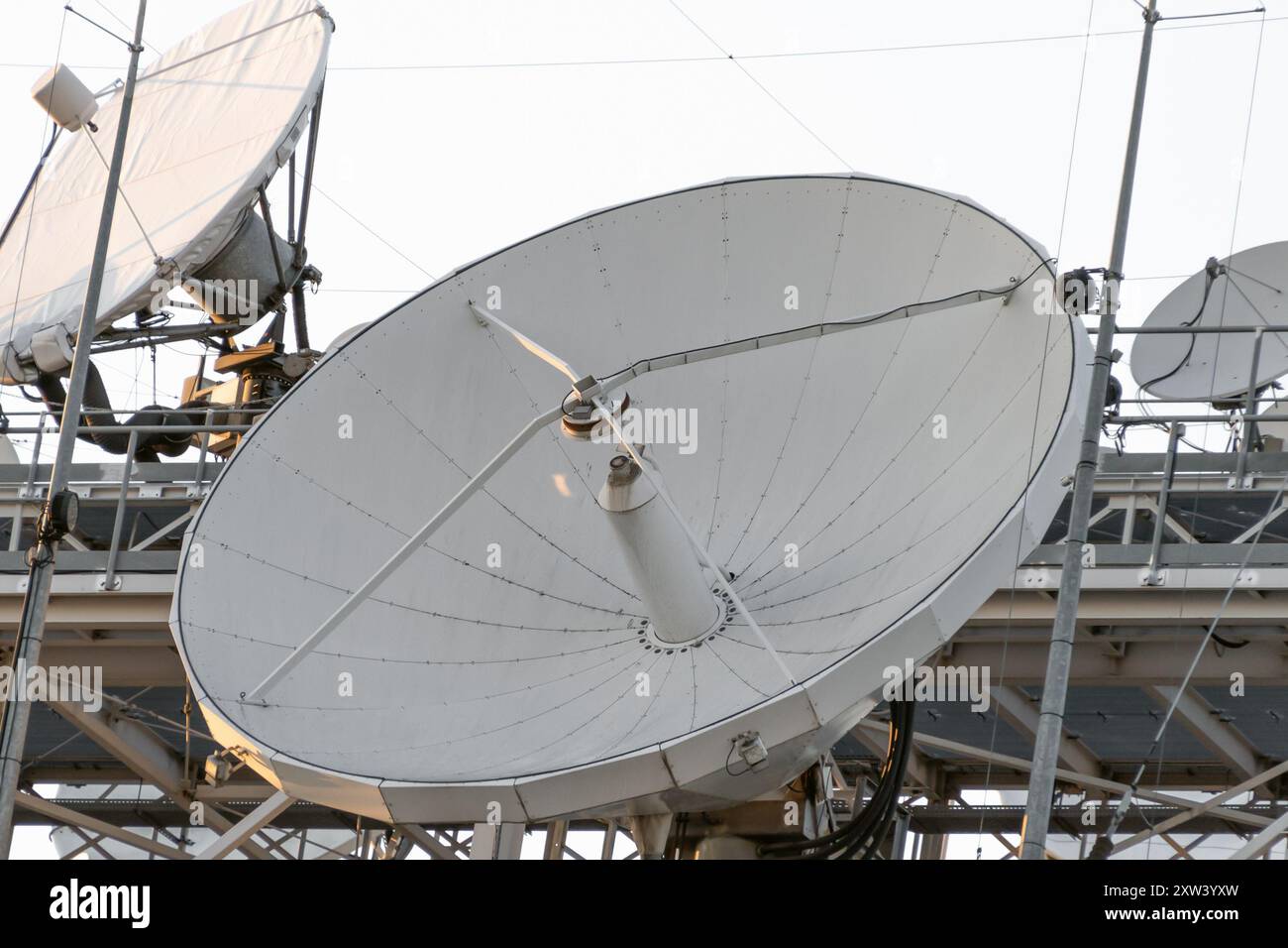 Large white satellite dish. Satellite TV. Lots of antennas on the roof ...
